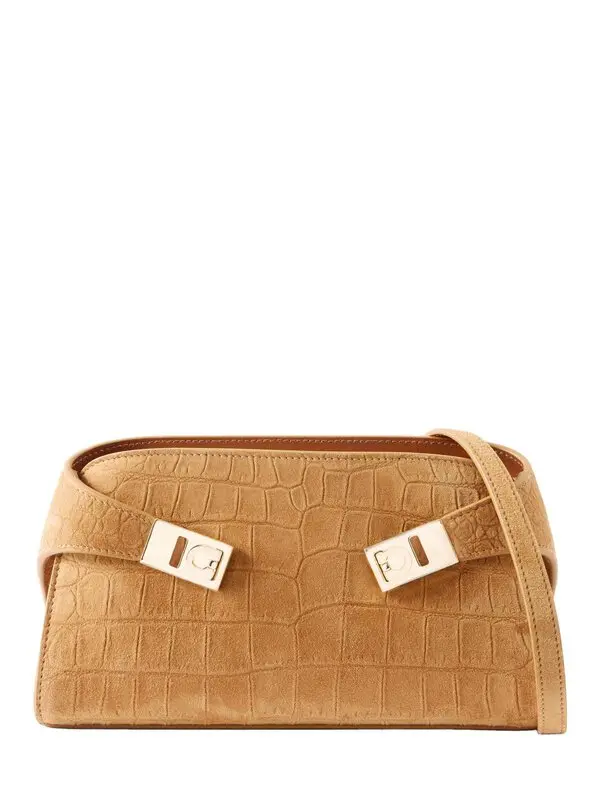FERRAGAMO Hug Embellished Croc-effect Suede Shoulder Bag - Brown