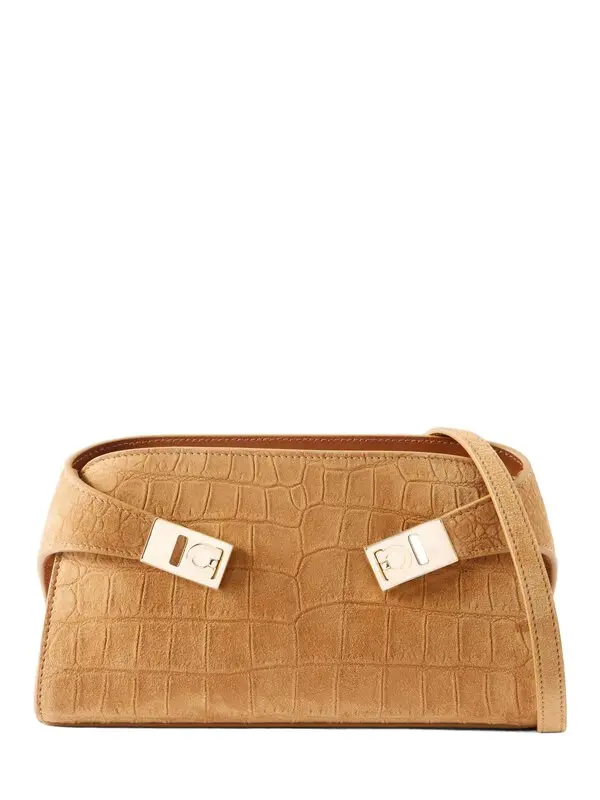FERRAGAMO Hug Embellished Croc-effect Suede Shoulder Bag - Tan
