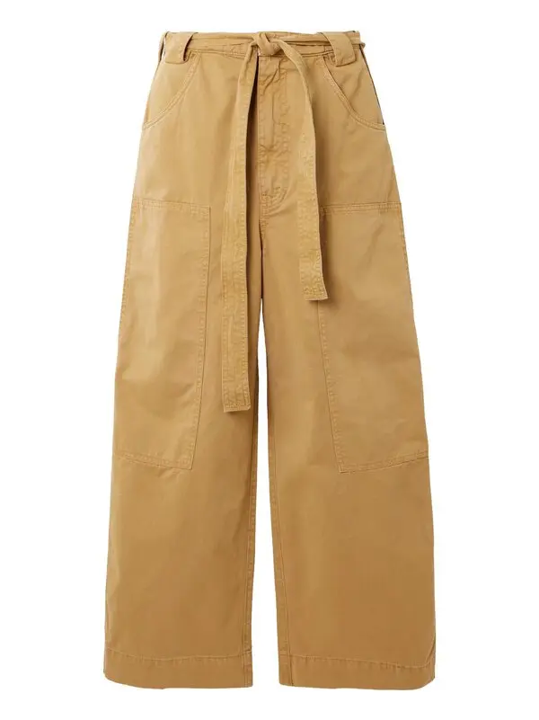 JAMIE HALLER Cropped Belted Cotton-twill Wide-leg Pants - Brown