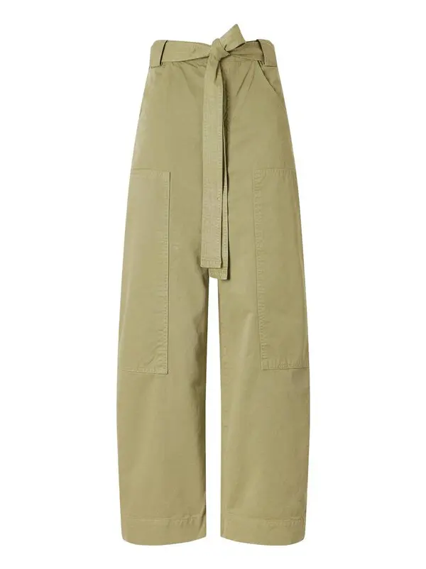 JAMIE HALLER Cropped Belted Cotton-twill Wide-leg Pants - Green
