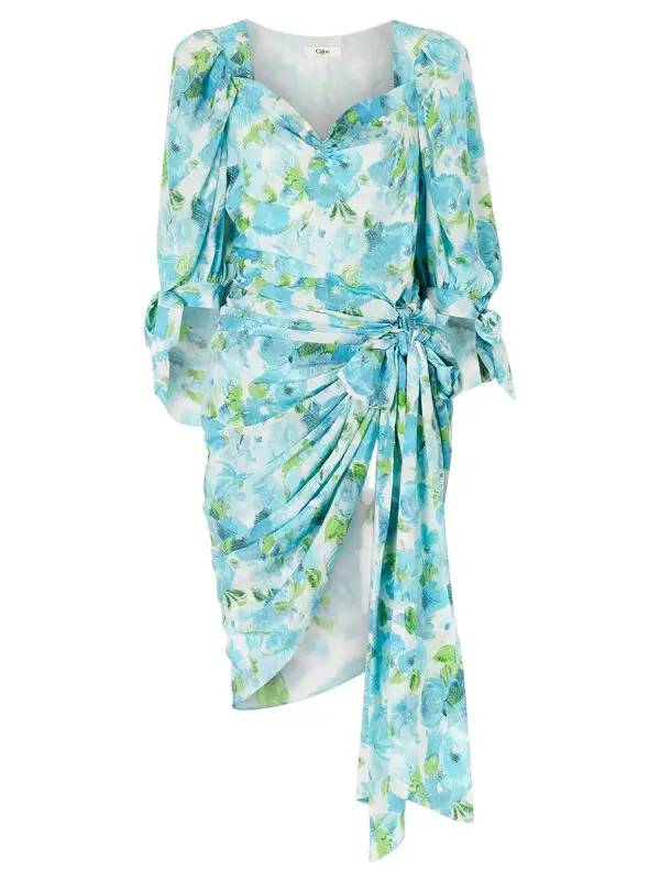 Chloé Draped Floral-print Mini Dress - Blue