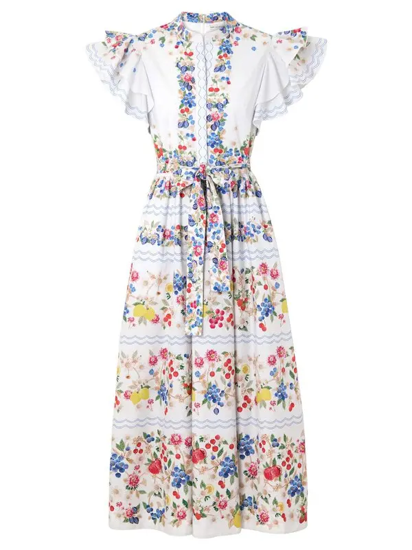 MARY KATRANTZOU Belted Floral-print Cotton-blend Midi Dress - Multi