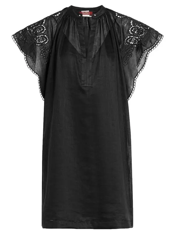 Max Mara Astor Broderie Anglaise-trimmed Ramie Mini Dress - Black