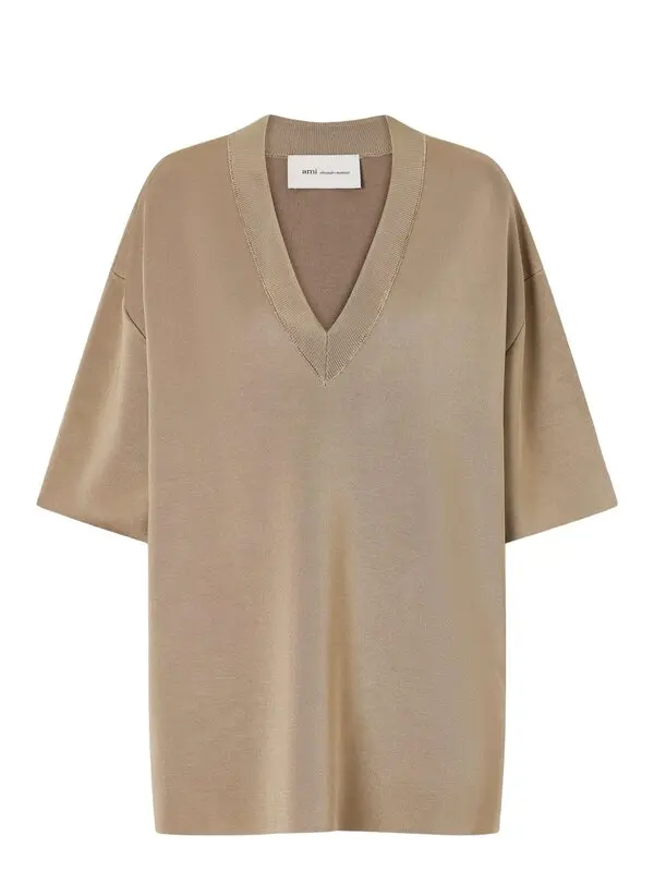 Ami Double-faced Satin-jersey And Wool Sweater - Taupe