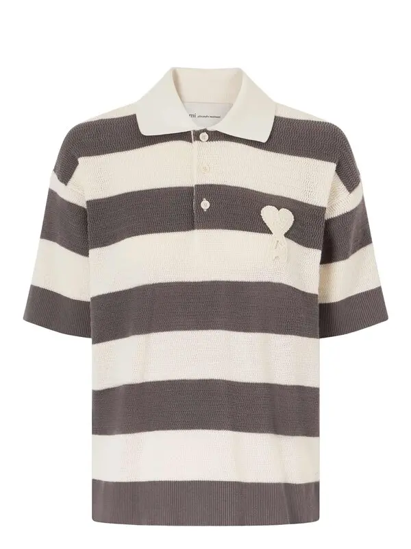 Ami Embroidered Striped Cotton Polo Shirt - Cream