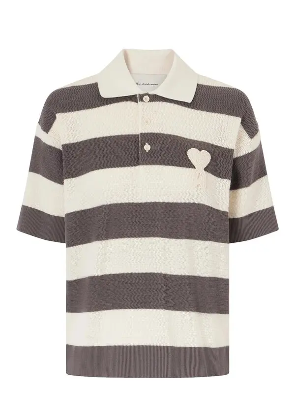 Ami Embroidered Striped Cotton Polo Shirt - Neutrals