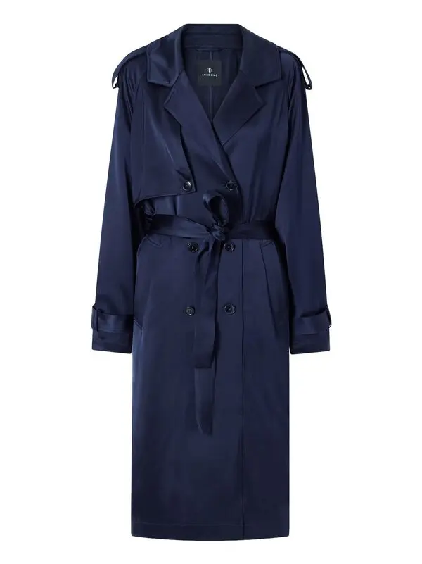 ANINE BING Rickie Double-breasted Belted Satin Trench Coat - Blue