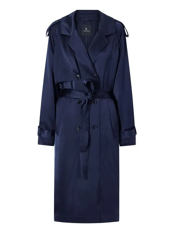 ANINE BING Rickie Double-breasted Belted Satin Trench Coat - Navy