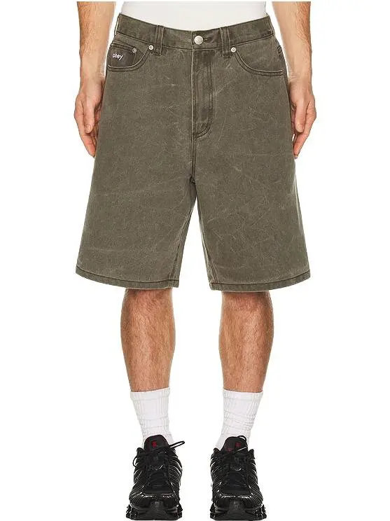 Obey Bigwig Baggy Denim Short - Black Olive Wrinkle Wash