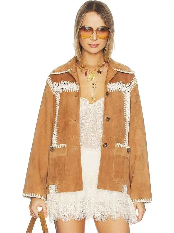 Sea Irena Suede Jacket With Crochet - Camel