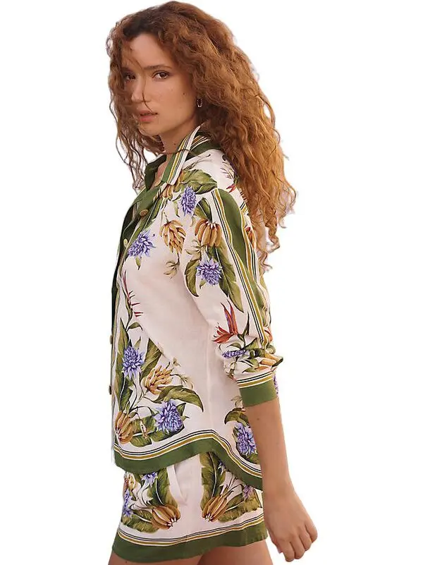 Farm Rio Tropical Short-sleeve Buttondown Top - Tropical Scarf Sand