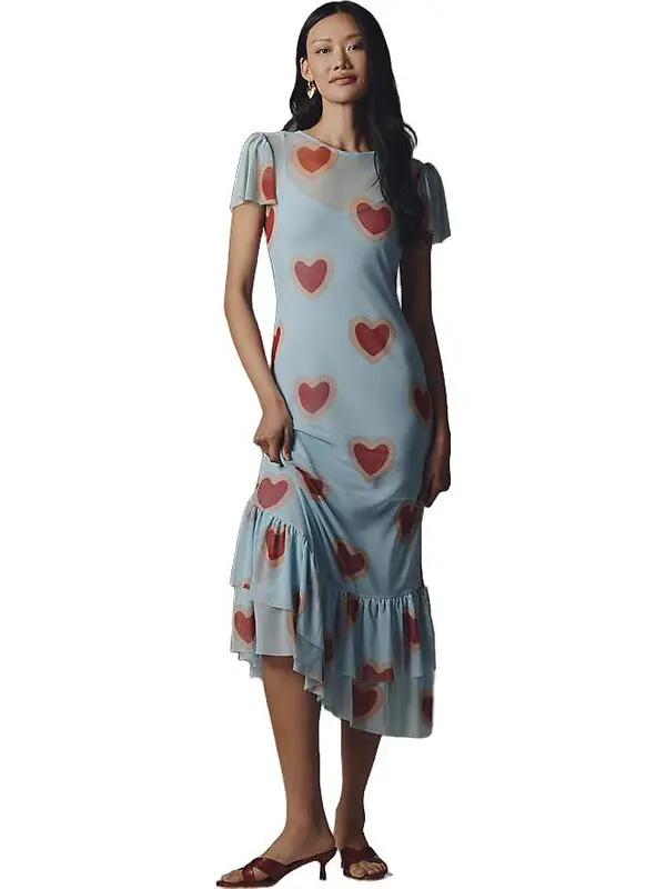 NEVER FULLY DRESSED Heart Print Mesh Midi Dress - Blue Pattern