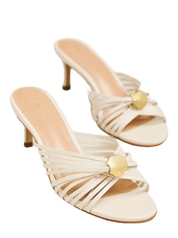 Anthropologie Strappy Metallic Kitten Heel Sandals - Cream Leather