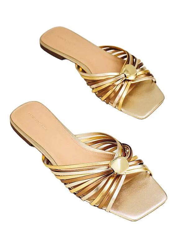 Anthropologie Strappy Square-toe Slide Sandals - Gold Leather