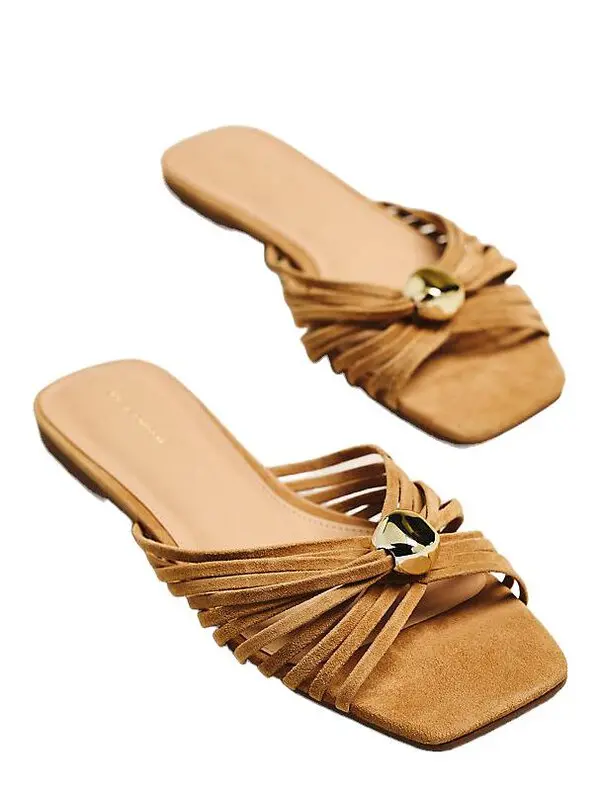 Anthropologie Strappy Square-toe Slide Sandals - Tan Suede