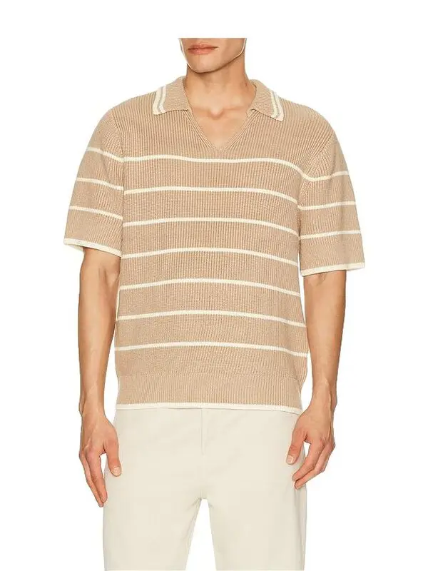 Central Park West Bradley French Stripe Short Sleeve Polo In Brown - Mushroom