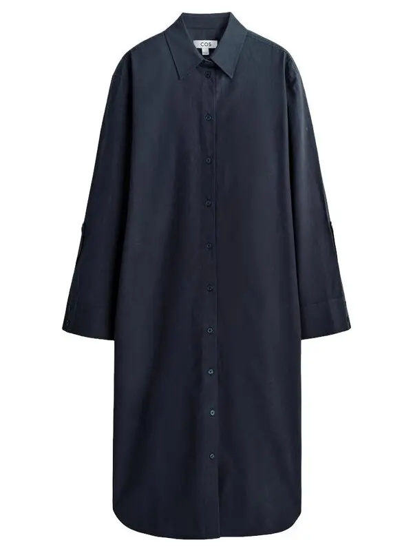 Cos Curved-sleeve Cotton Midi Shirt Dress - Navy