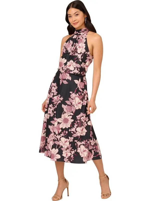 Adrianna Papell Floral Print Halter Midi Dress - Black Multi