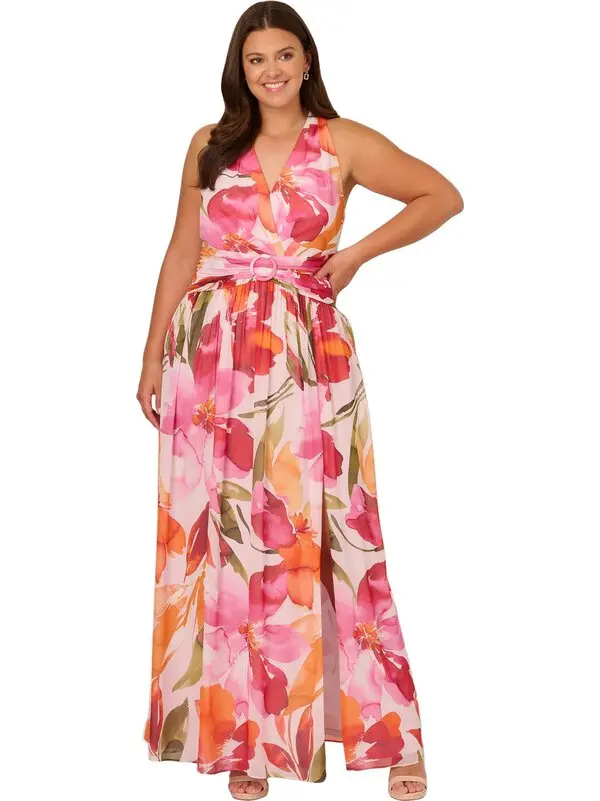Adrianna Papell Sleeveless Surplice Floral Chiffon Gown - Pink/orange Multi