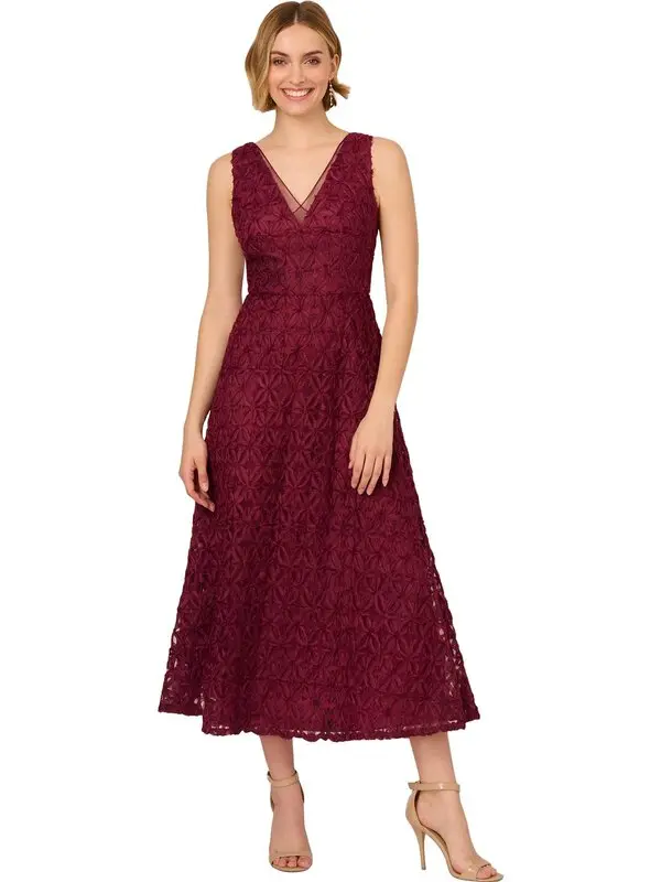 Adrianna Papell Sleeveless Soutache Embroidered Midi Dress - Light Wine