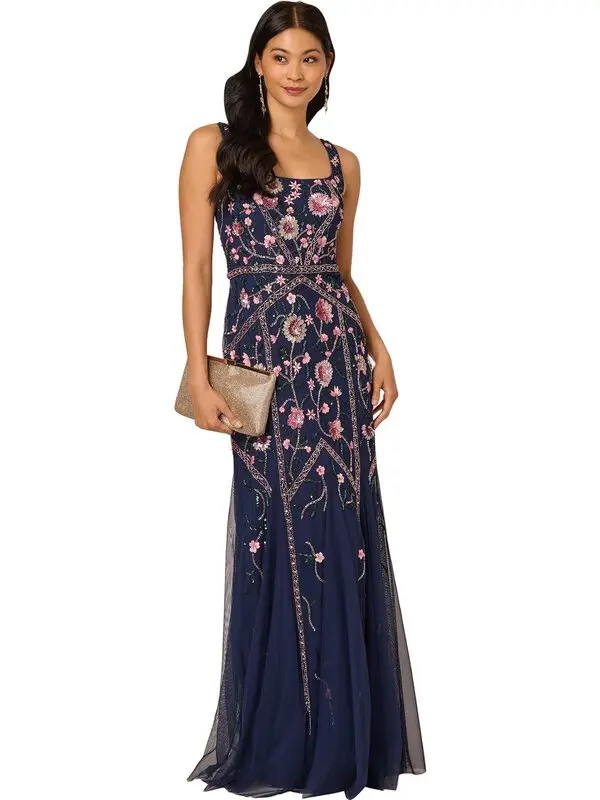 Adrianna Papell Sleeveless Floral Beaded Godet Gown - Navy/pink Multi