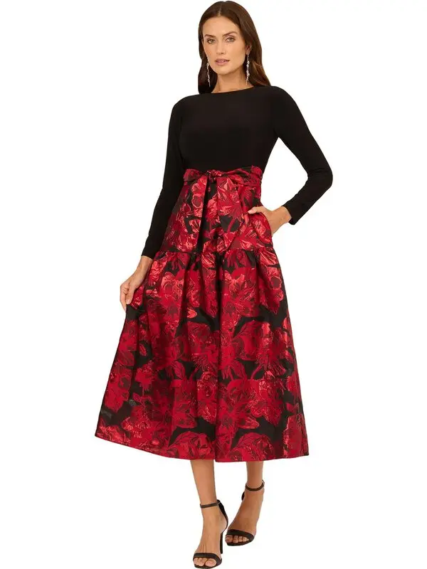 Adrianna Papell Combo Floral Jacquard Dress - Black/red