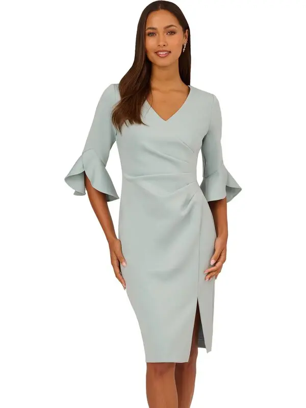 Adrianna Papell Three Quarter Sleeve Faux Wrap Midi Dress - Aqua Dust