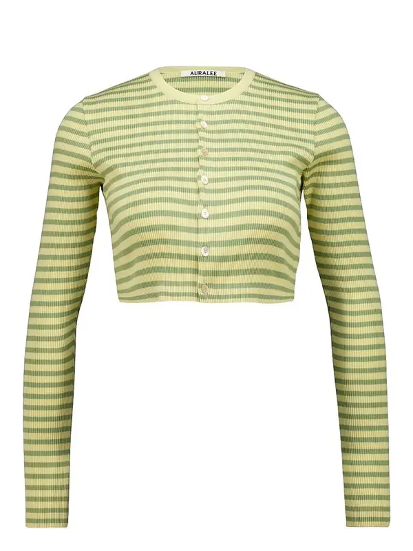 Auralee Striped Cropped Cotton Rib Cardigan - Green