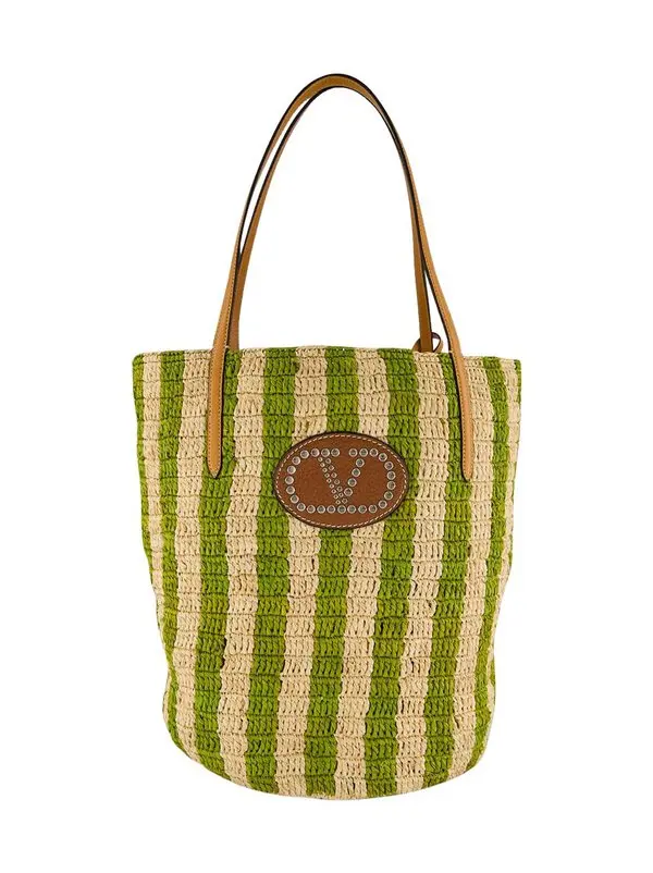 Valentino Garavani Natural And Striped Raffia Shopping Bag - Green