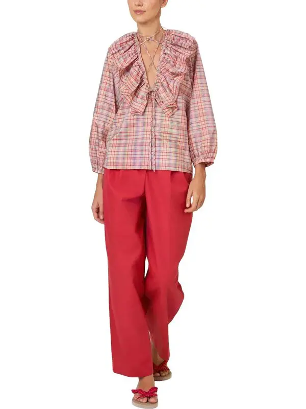 Rosie Assoulin Ruffled Plaid Blouse - Red