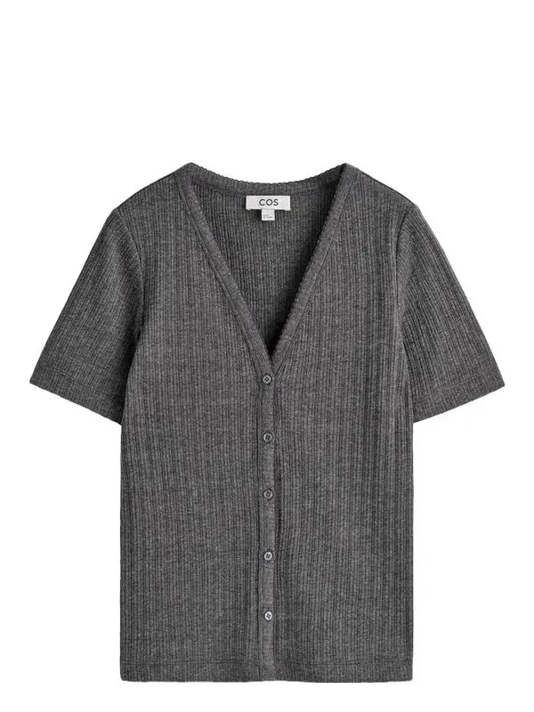 Cos Pointelle-knit Short-sleeved Cardigan - Gray