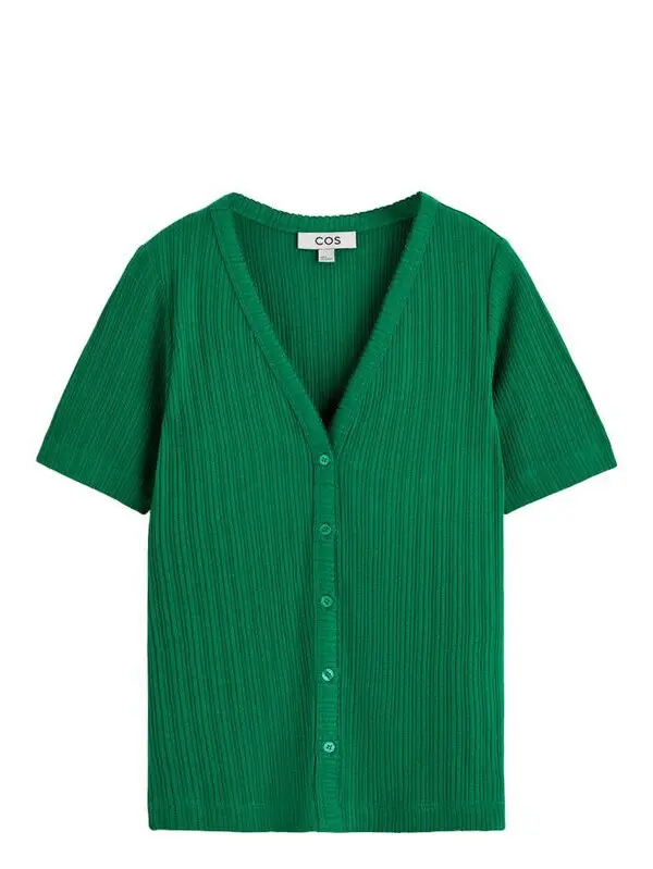 Cos Pointelle-knit Short-sleeved Cardigan - Green