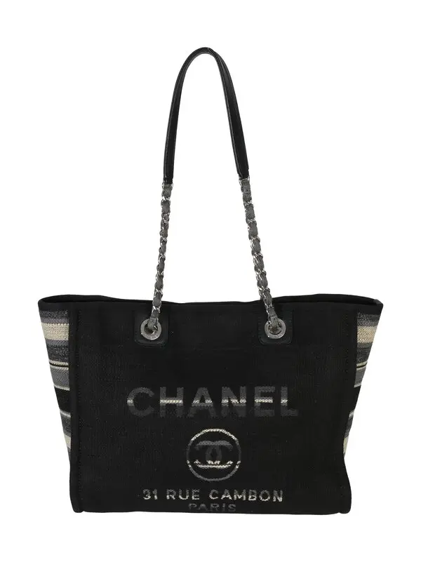 Chanel Canvas Striped Deauville Shopping Tote - Black