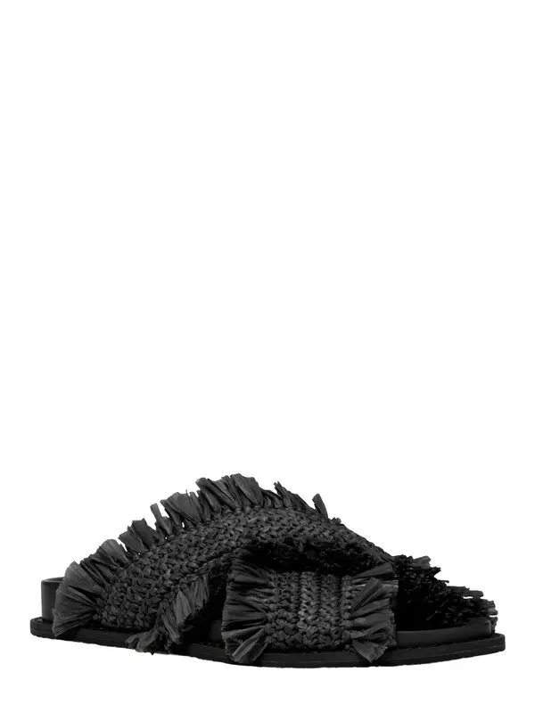 Michael Kors Peyton Raffia Slide Sandals With Fringe Detailing - Black