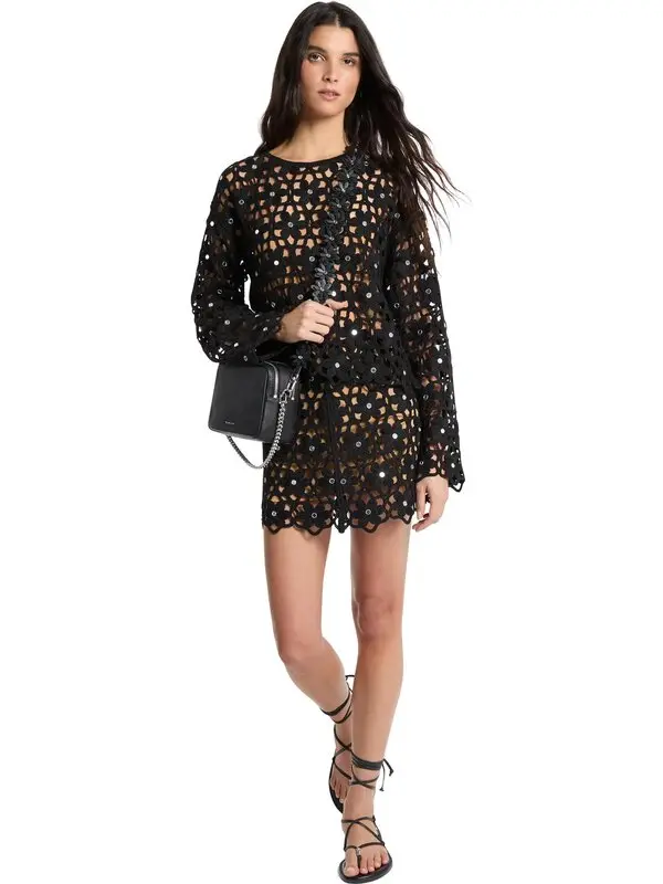 Michael Kors Floral Crochet Mini Skirt With Mirror Embellishments - Black