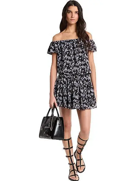 Michael Kors Floral Print Georgette Off-the-shoulder Dress - Black