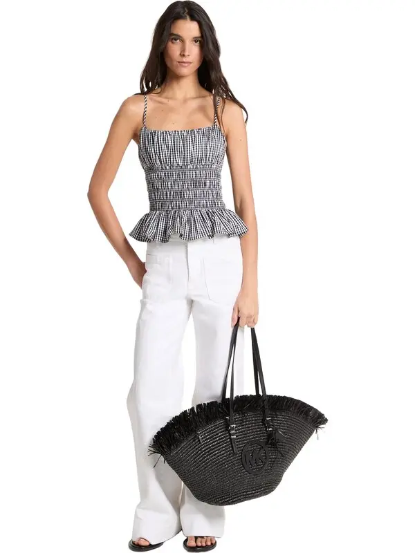 Michael Kors Gingham Cotton Smocked Peplum Top - Black