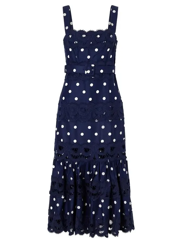 SELF-PORTRAIT Belted Polka-dot Linen And Cotton-blend Midi Dress - Blue