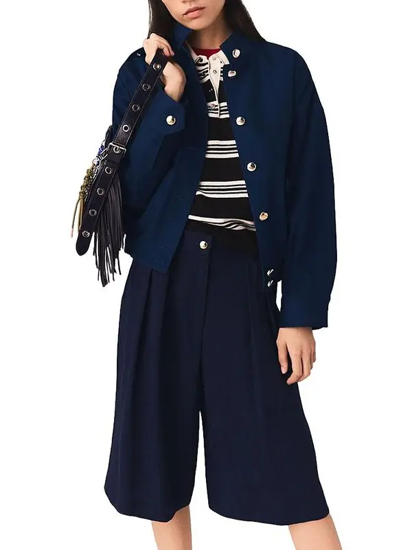 Maje Cotton Bomber Jacket - Navy