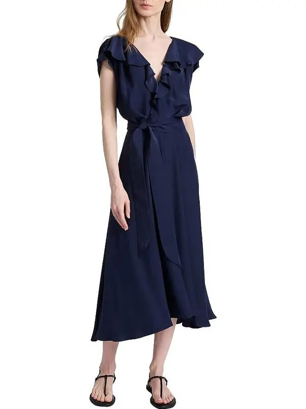 Santorelli Mandy Ruffled Faux Wrap Silk Midi Dress - Midnight
