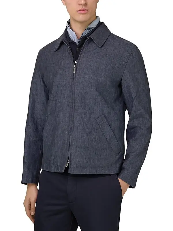 Boggi Milano Regular Fit Denim Linen Bomber Jacket - Indigo