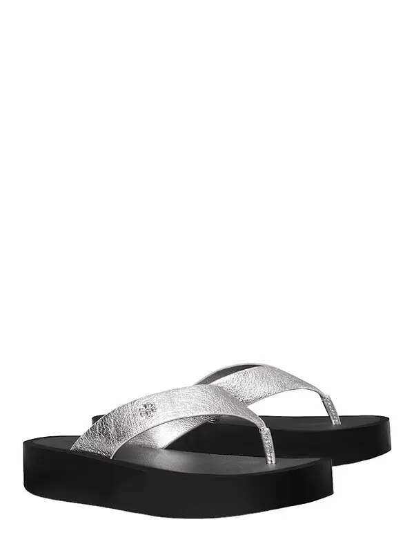 Tory Burch Leather Platform Flip Flops - Silver/perfect Black