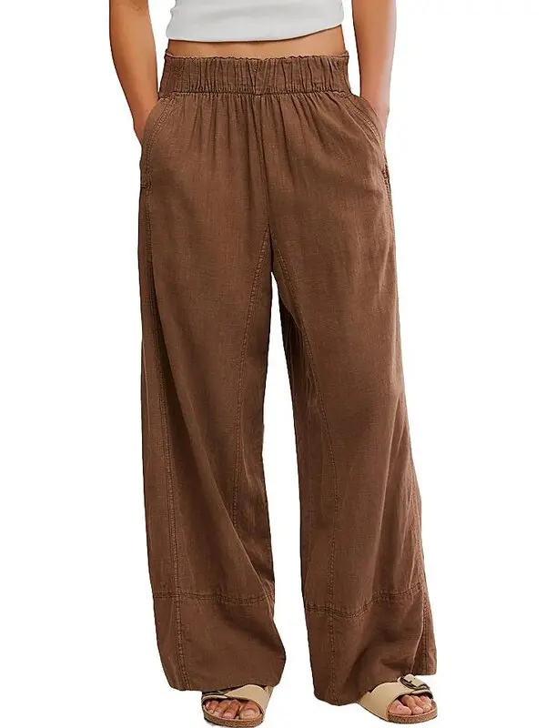 Free People Days End Pull On Linen Blend Wide Leg Pants - Double Espresso