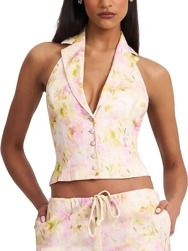 MISS CIRCLE Floral Print Linen Suit Vest - Pink