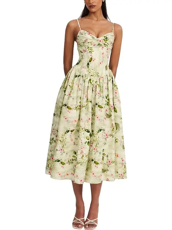 MISS CIRCLE Jacinda Floral Print Linen Midi Dress - Green