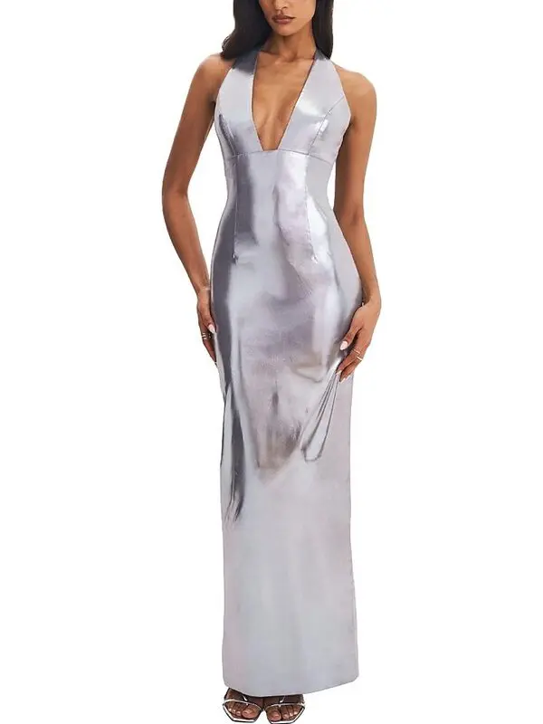 MISS CIRCLE NEW YORK Valeska Foil Plunging Sheath Maxi Dress - Silver