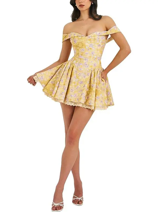 MISS CIRCLE Oana Floral Print Linen Mini Dress - Yellow