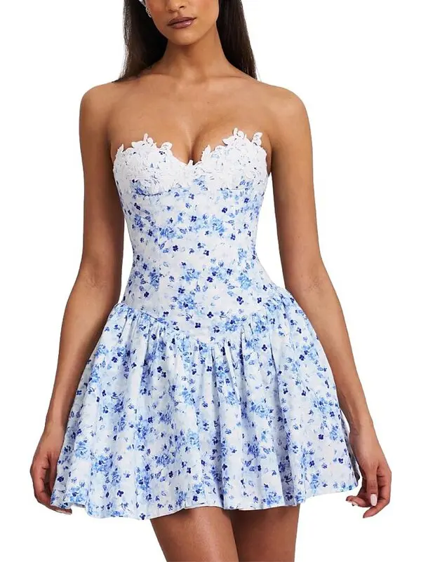 MISS CIRCLE Taleah Floral Print Mini Dress With Lace Trim - Blue