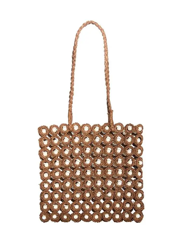 Aqua Imitation Pearl And Crochet Tote - Brown