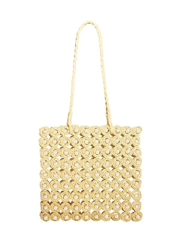 Aqua Imitation Pearl And Crochet Tote - Natural